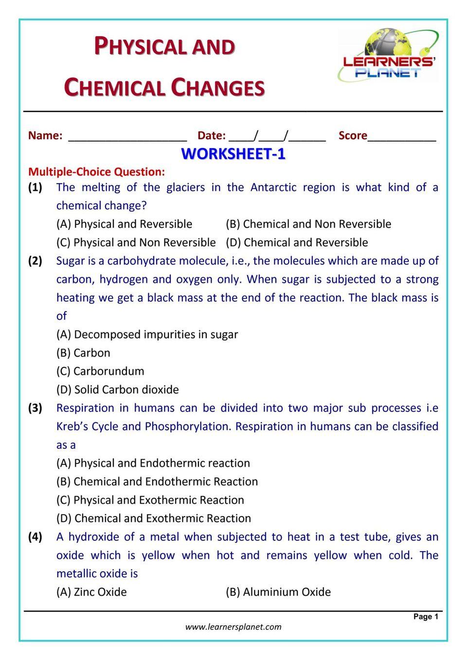 Physical And Chemical Changes Worksheet